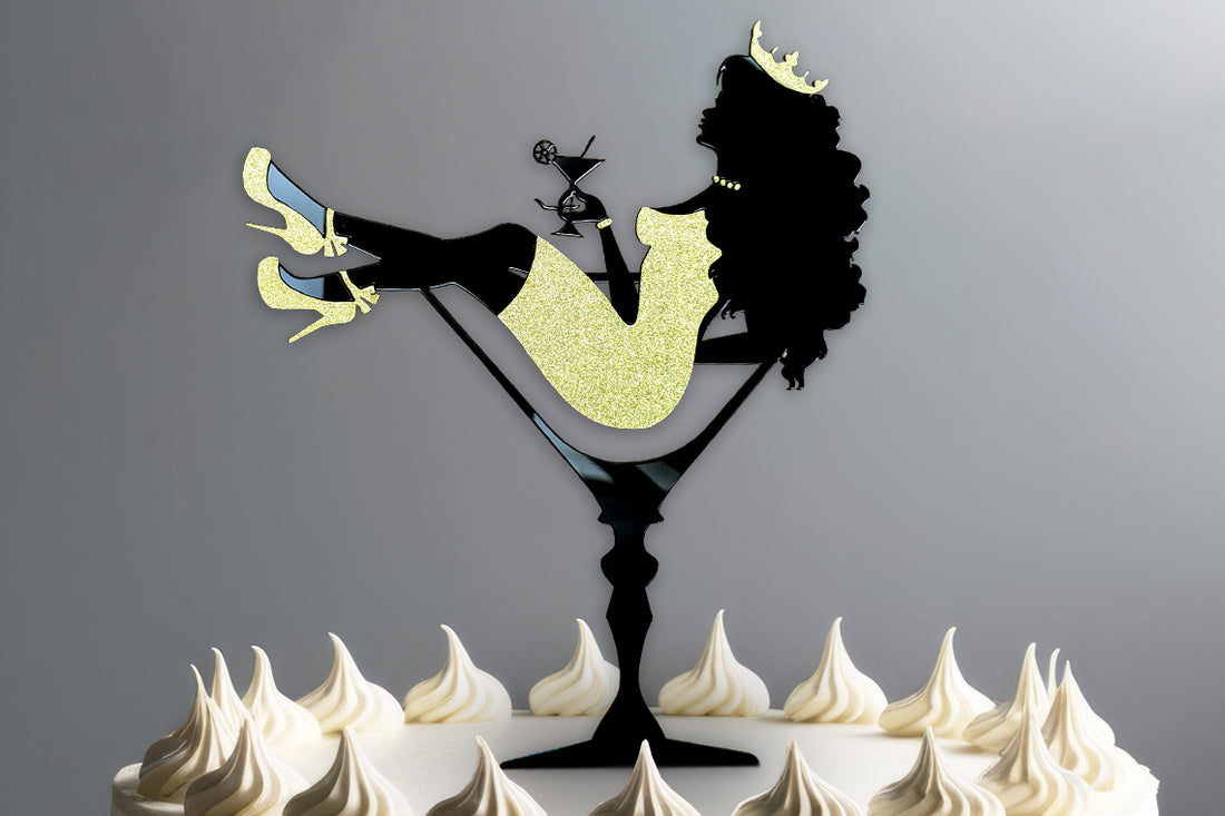 Black Acrylic Cake Topper with Gold Glitter Accents | Martini Girl Sil ...