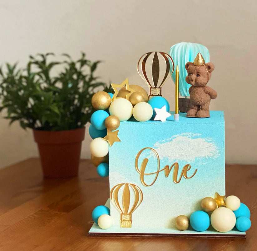 Gold Acrylic Cake Topper Set with Candle | 'One' Side Topper + 2 Ballo ...