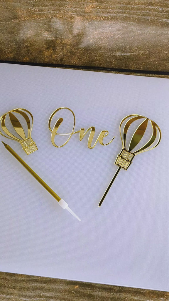 Gold Acrylic Cake Topper Set with Candle | 'One' Side Topper + 2 Ballo ...