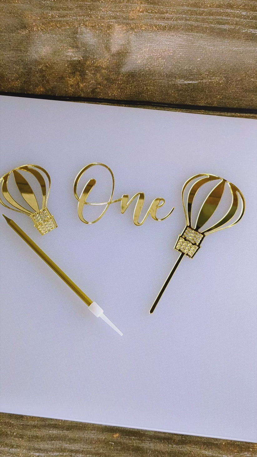 Gold Acrylic Cake Topper Set with Candle | 'One' Side Topper + 2 Ballo ...